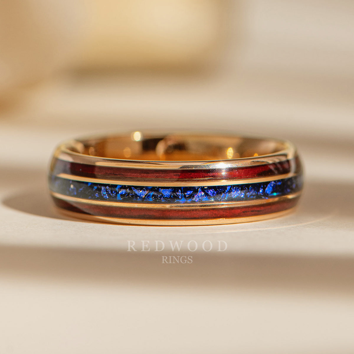 Rose Gold Redwood Ring, Blue Lab Sapphire and Sequoia Inlays - 6MM ...