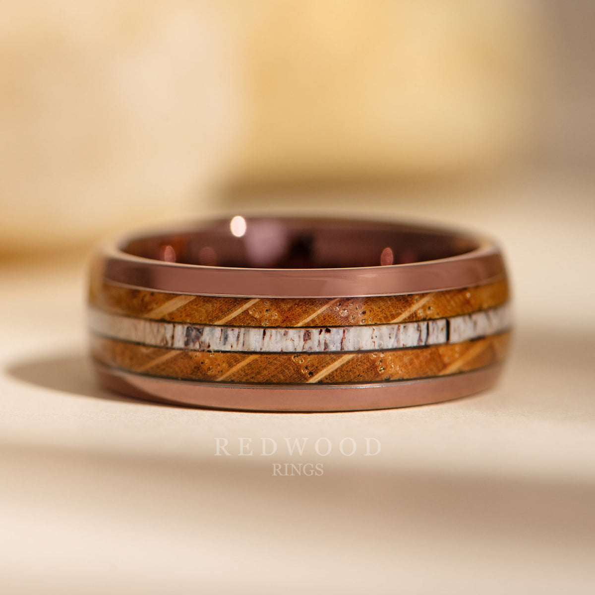 Brown Tungsten Ring, Whiskey Barrel Wood and Antler Inlay - 8MM ...