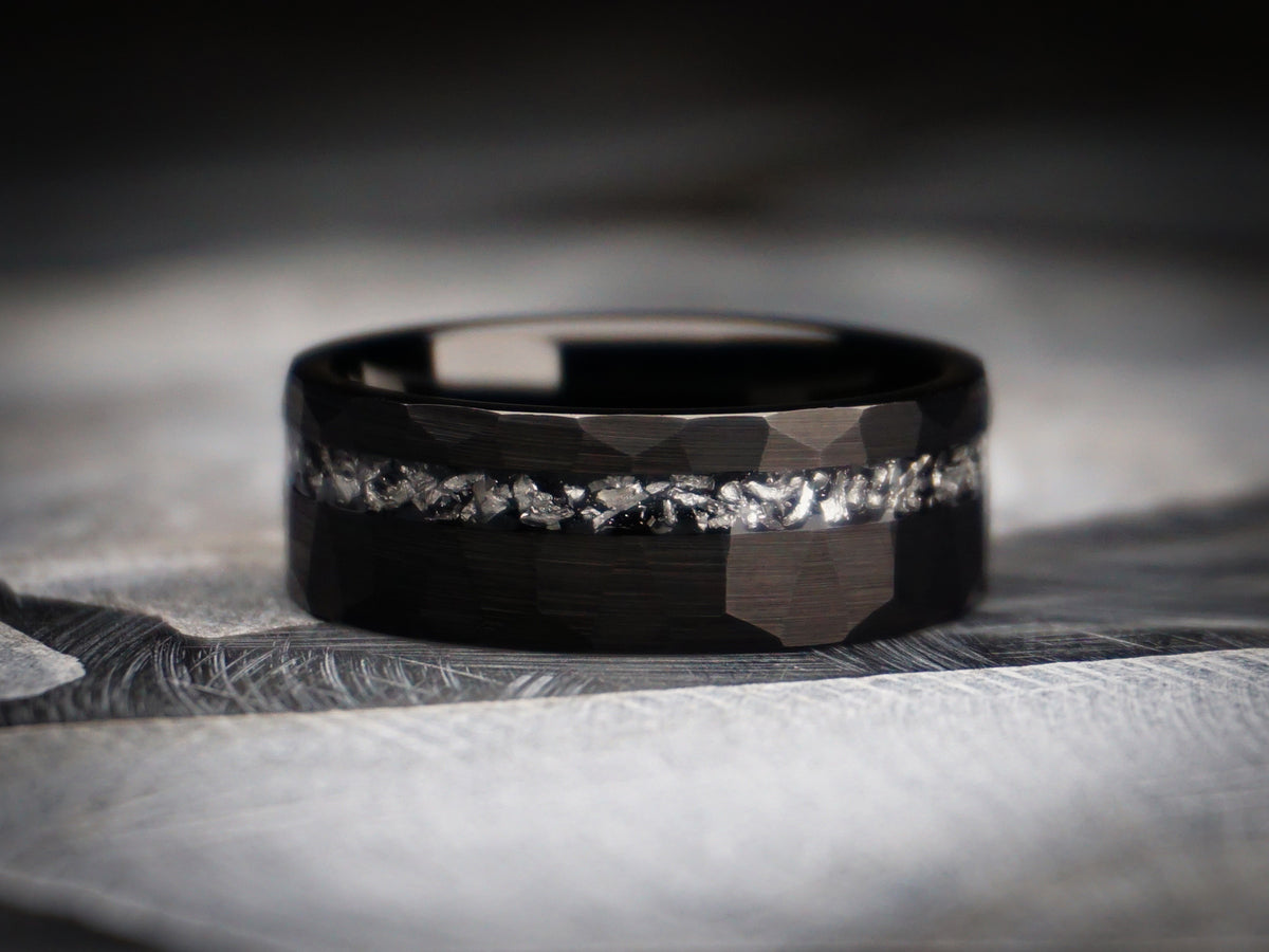 Black Hammered Tungsten Ring, Meteorite Inlay - 8mm – Redwood Rings