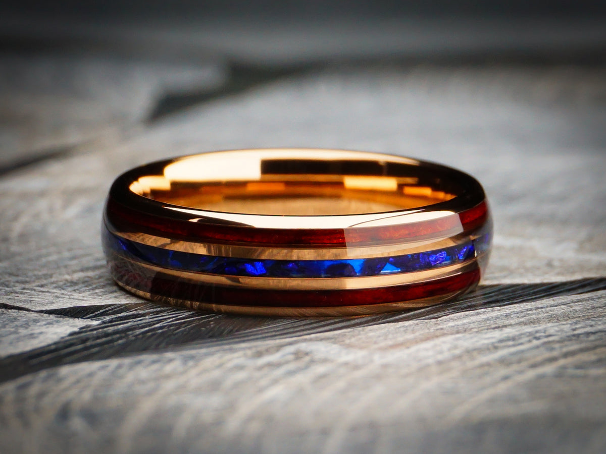 Rose Gold Redwood Ring, Blue Lab Sapphire and Sequoia Inlays - 6MM ...